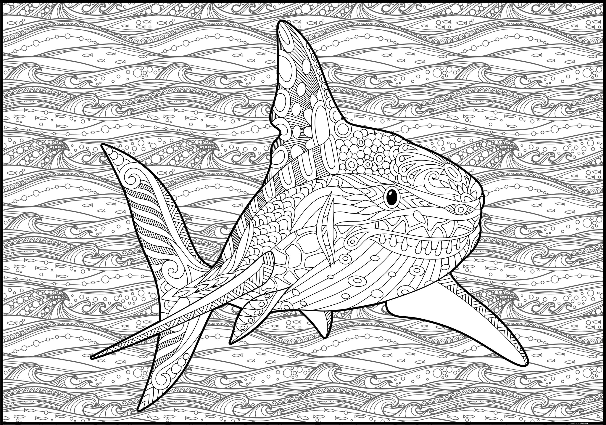 Premium Giant Shark Coloring Poster – Artistic Chaos Ink