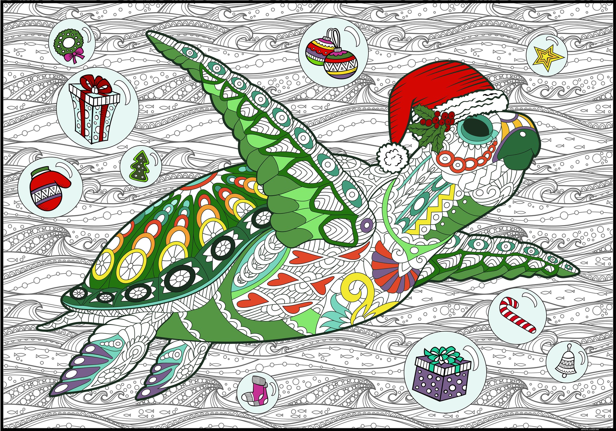 Premium Giant Christmas Turtle Coloring Poster - Artistic Chaos