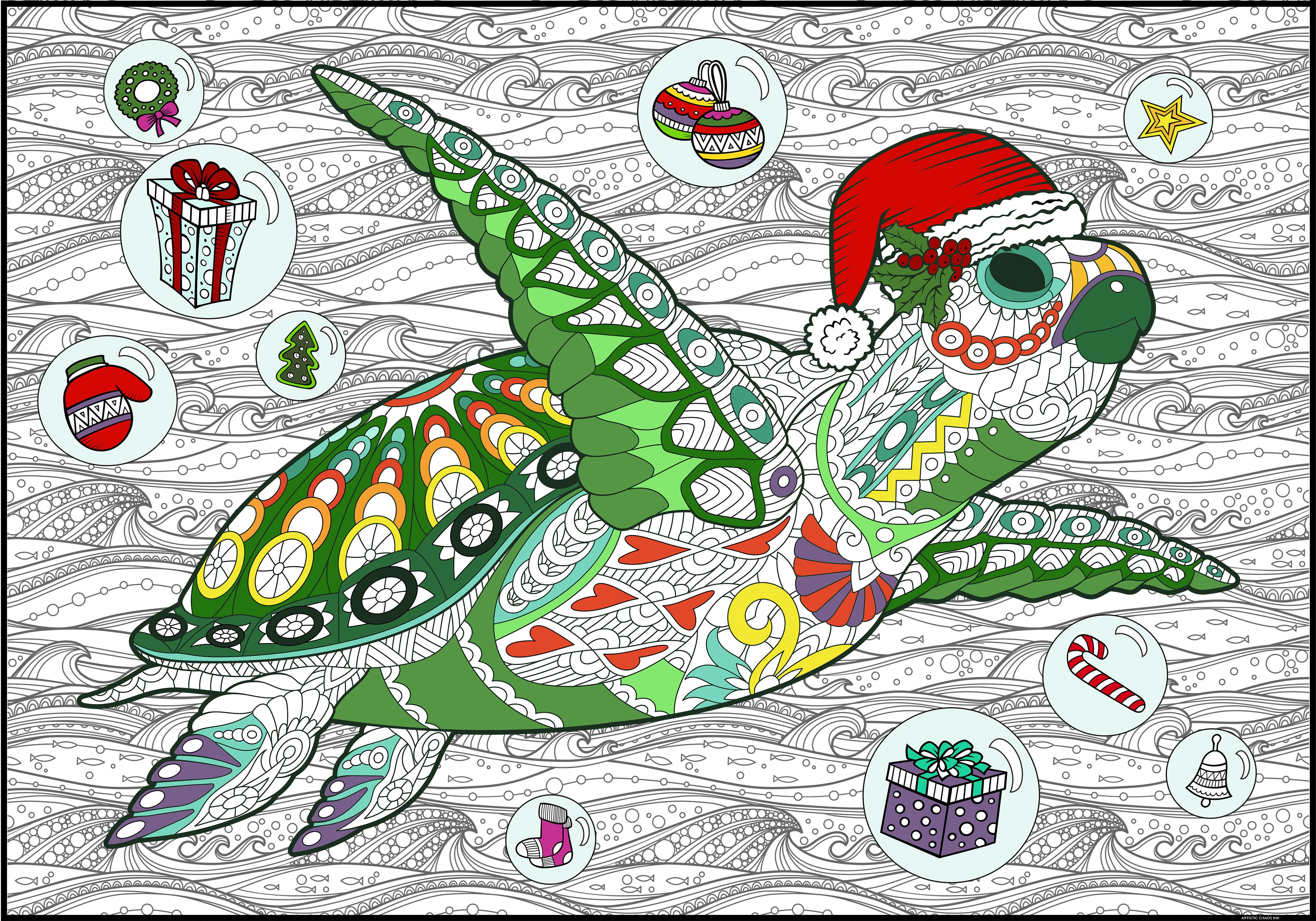 Premium Giant Christmas Turtle Coloring Poster - Artistic Chaos