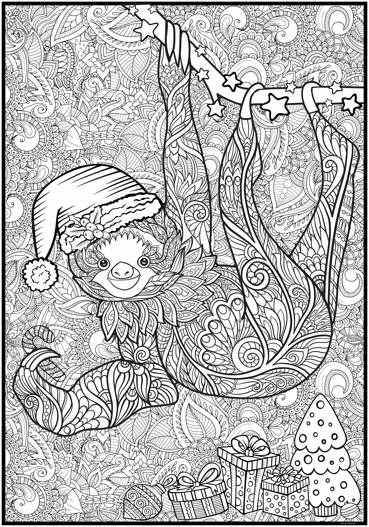 Premium Giant Christmas Sloth Coloring Poster – Artistic Chaos Ink