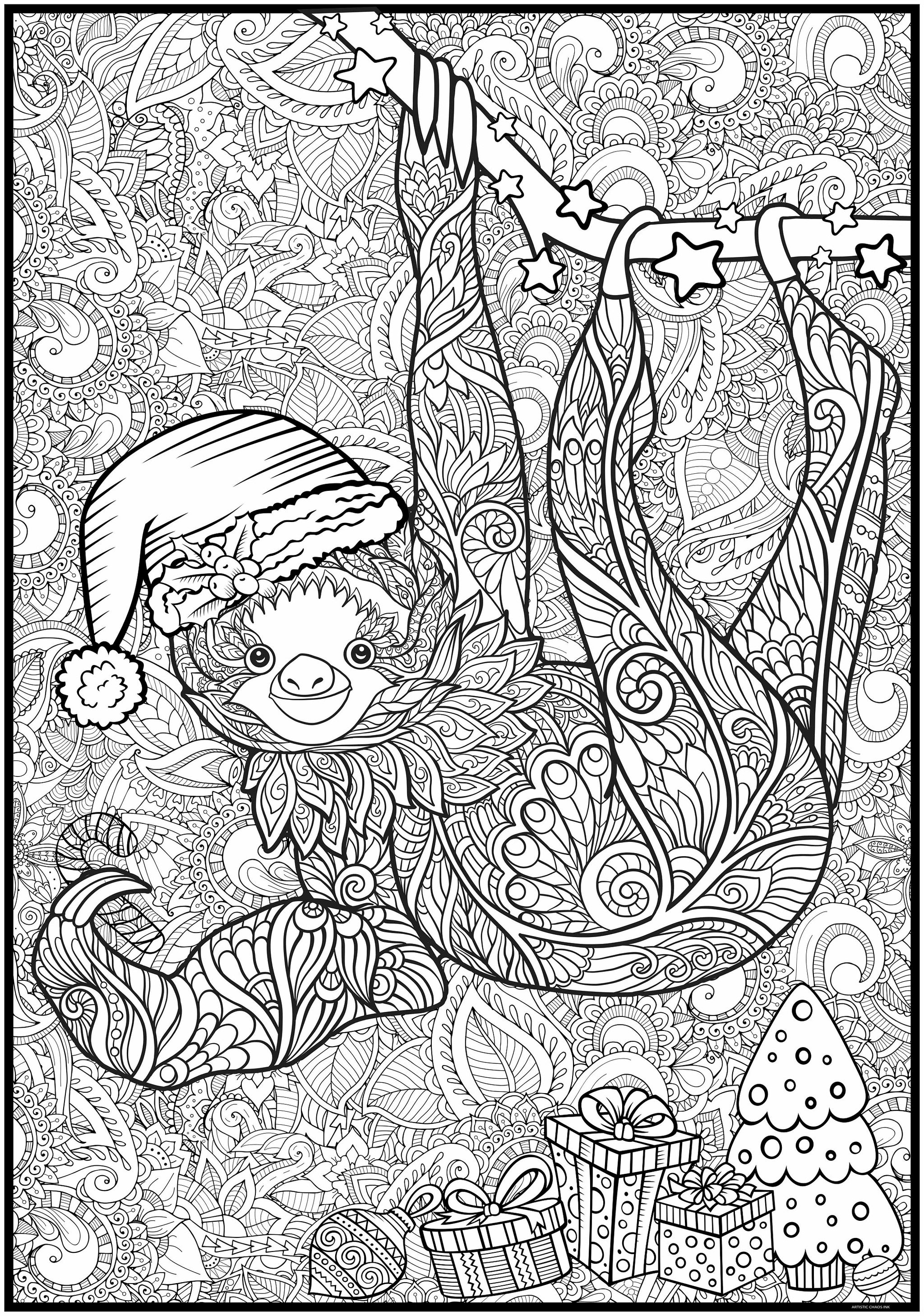 Premium Giant Christmas Sloth Coloring Poster – Artistic Chaos Ink