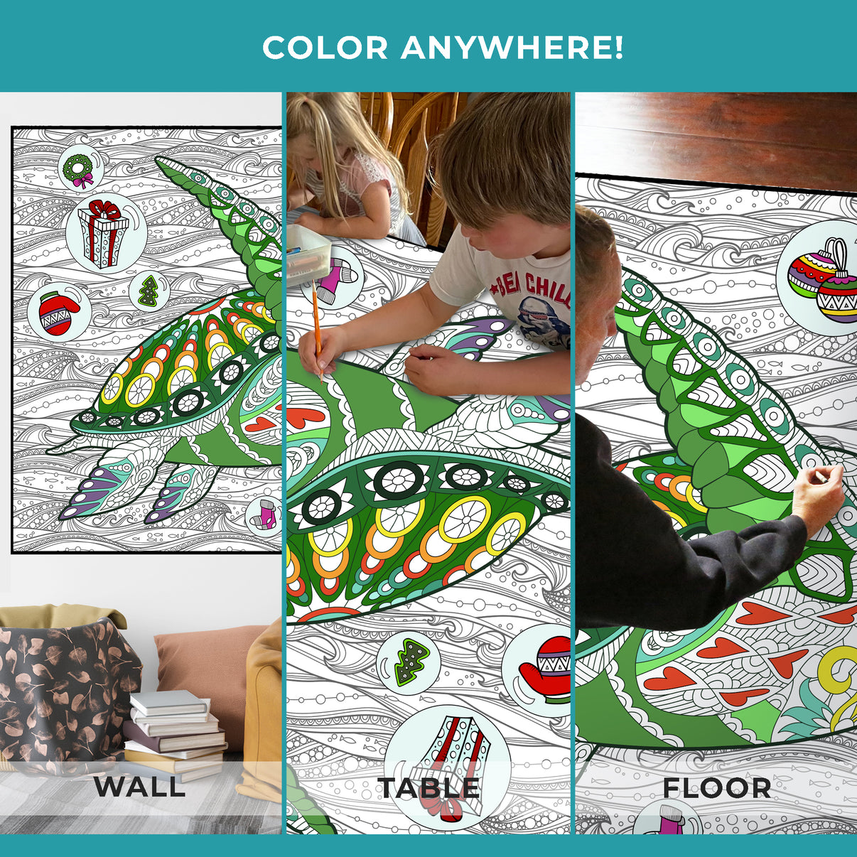 Premium Giant Christmas Turtle Coloring Poster – Artistic Chaos Ink