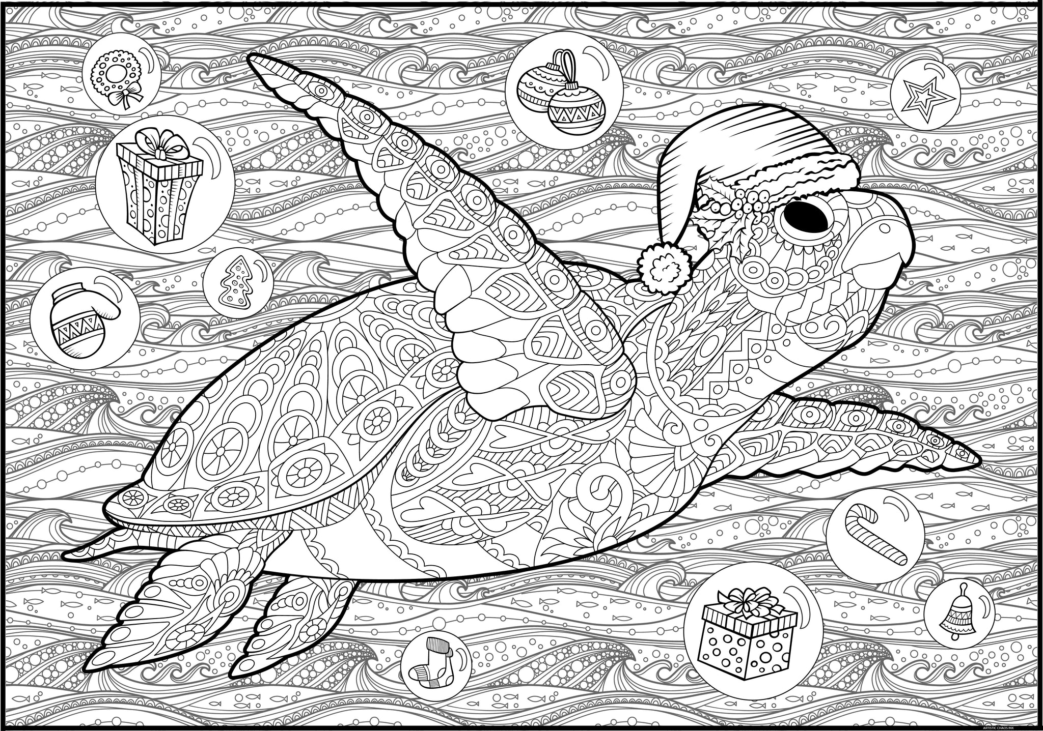 Premium Giant Christmas Turtle Coloring Poster – Artistic Chaos Ink